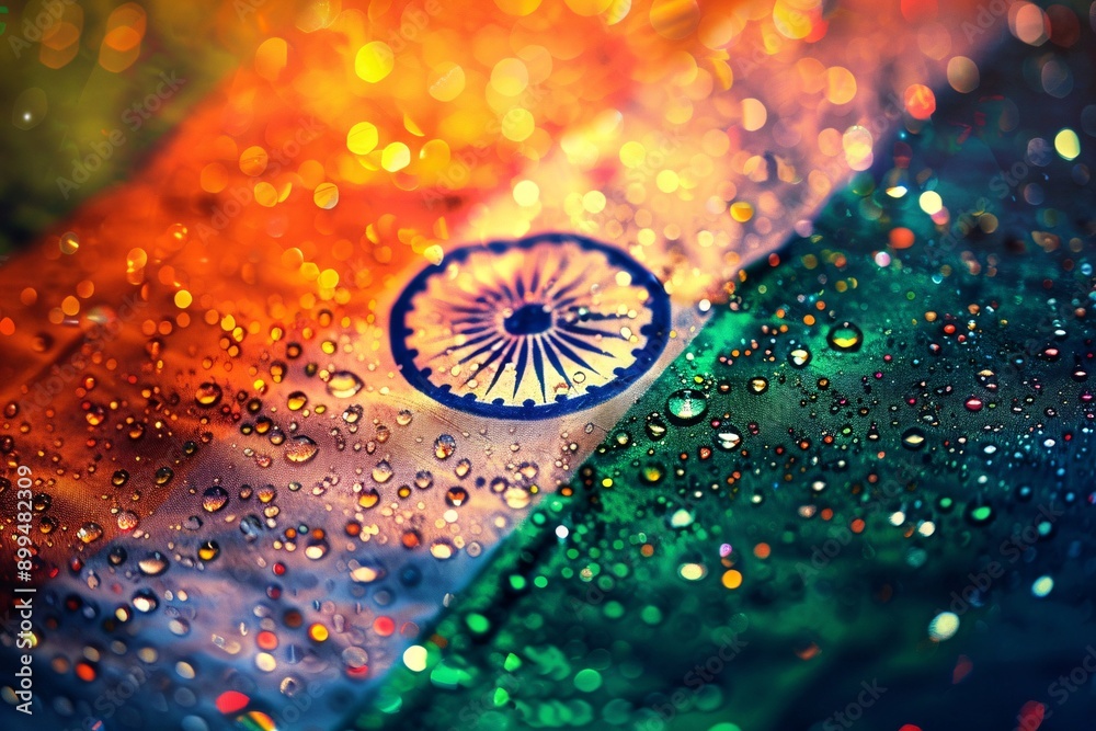 Indian flag with water droplets reflecting golden bokeh lights for ...