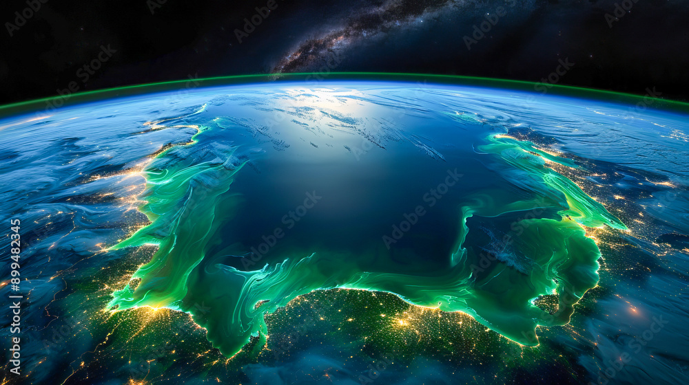 Planet earth showing aurora borealis from space orbit with milky way ...