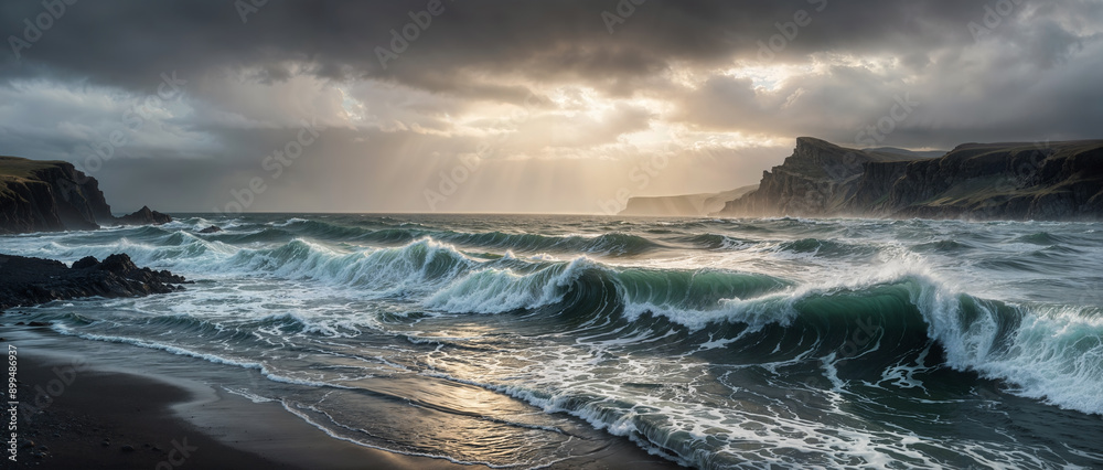 Stormy cold Atlantic coastal scene with turbulent sea waves, high rocky ...