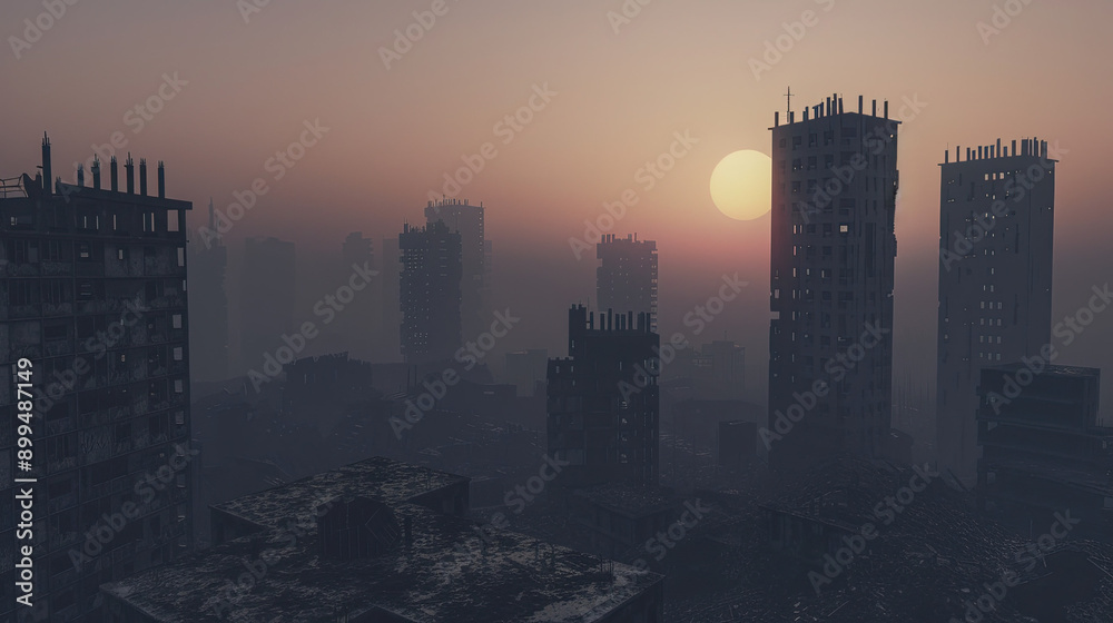 Post-apocalyptic skyline with ruined skyscrapers dramatic and dystopian scene crumbling and ...