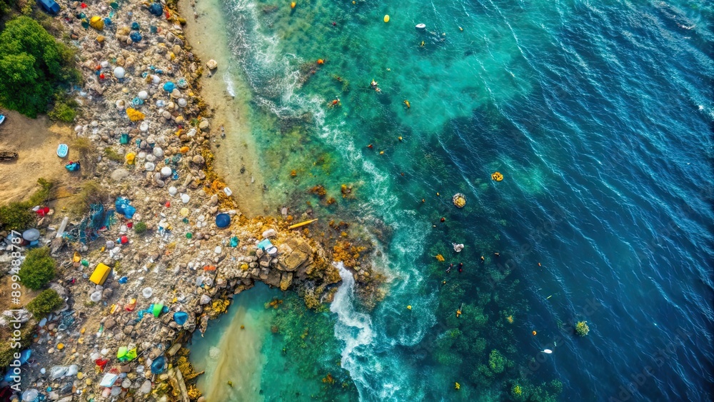 Aerial view of polluted sea with garbage, plastic waste, and oil spills ...
