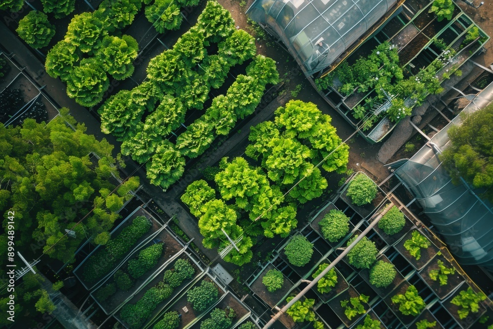An overhead perspective of a modern urban farm, highlighting innovative ...