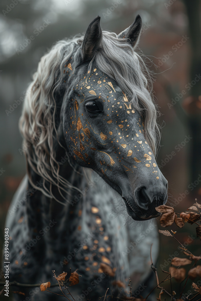 Majestic Dappled Horse with Flowing Mane in Misty Autumn Forest, Capturing the Beauty and Grace ...