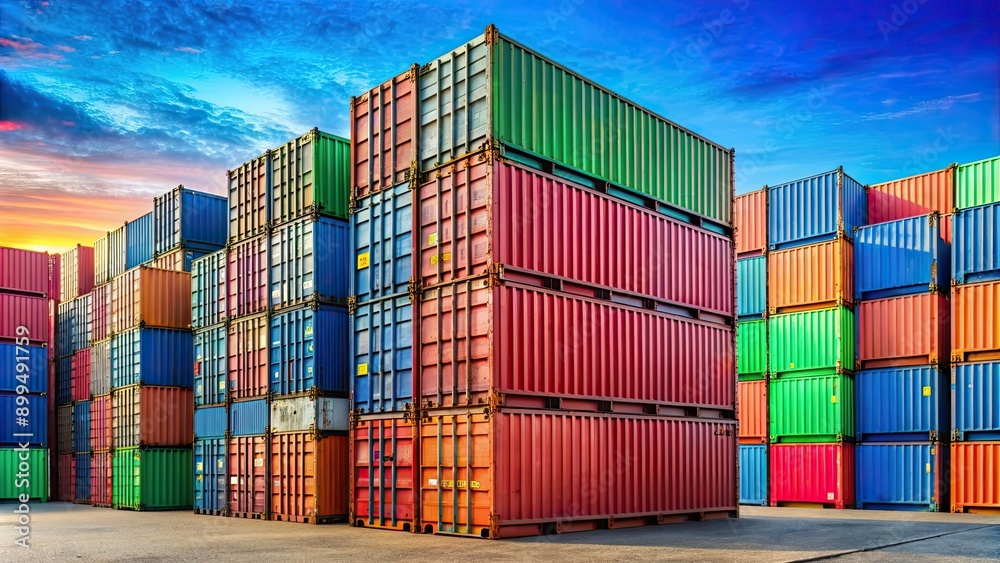 Colorful stack of shipping containers in a dockyard setting, shipping ...