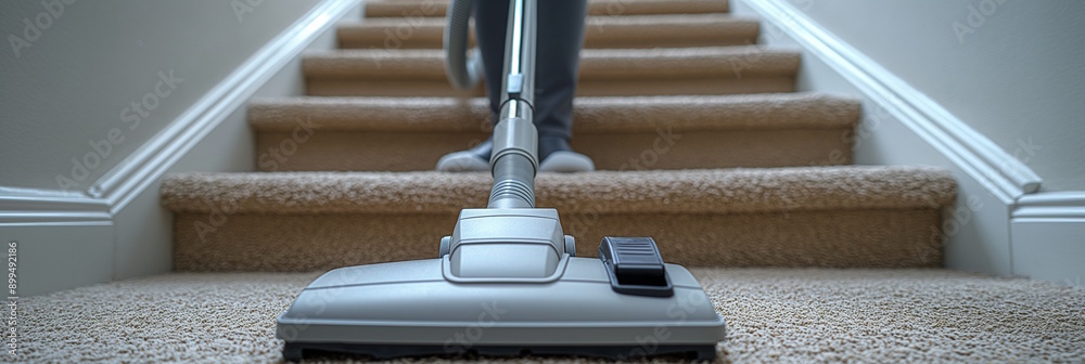 Person vacuuming stairs in a home. Concept of household chores and home ...