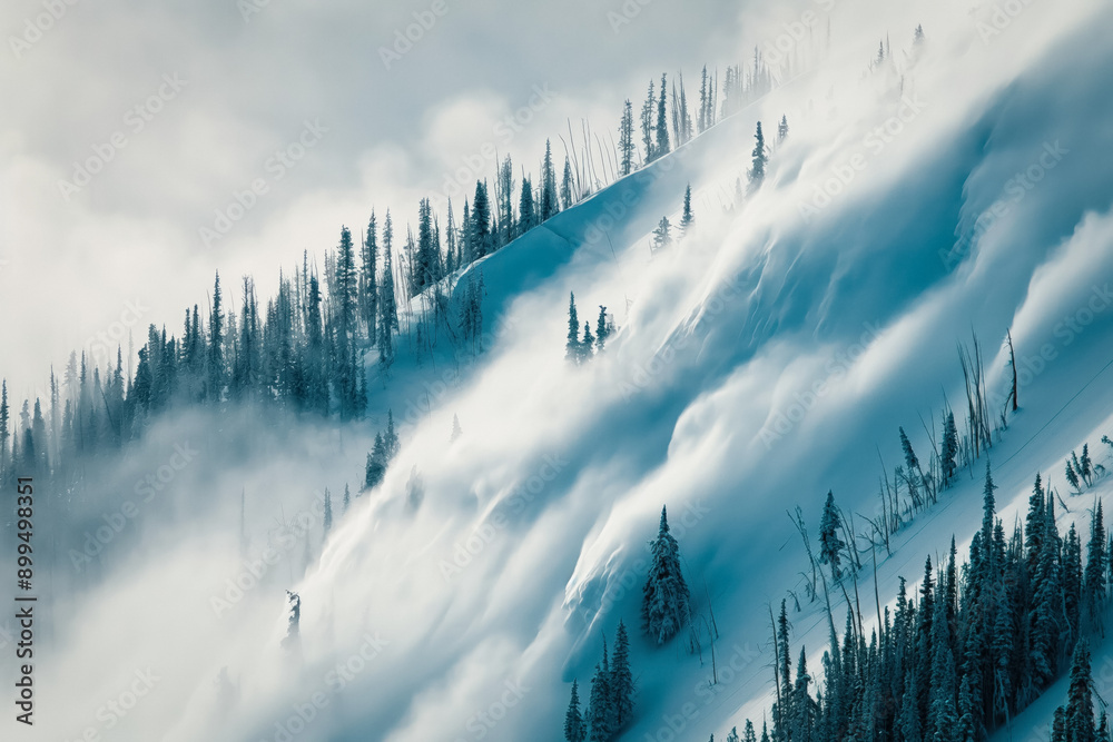 A massive avalanche of snow cascading down a steep mountain slope with ...