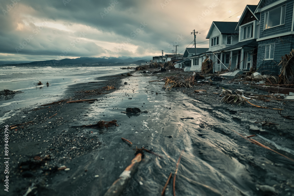 The aftermath of a tsunami with coastal buildings, homes, and ...