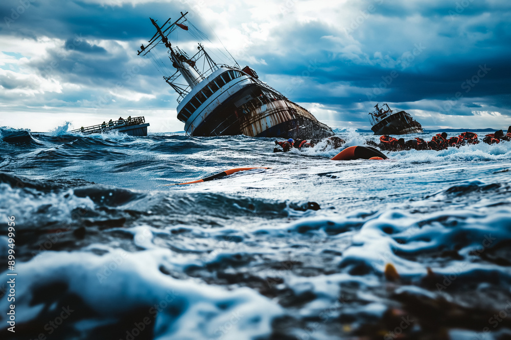 Ferry accident at sea: A ferry accident at sea with a partially ...