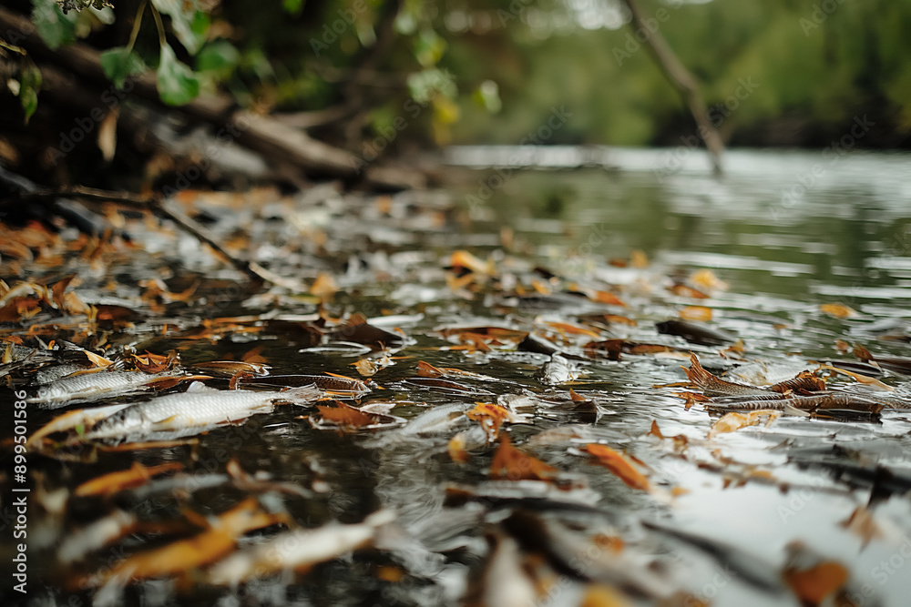 A river contaminated with visible pollutants and chemicals, with dead ...