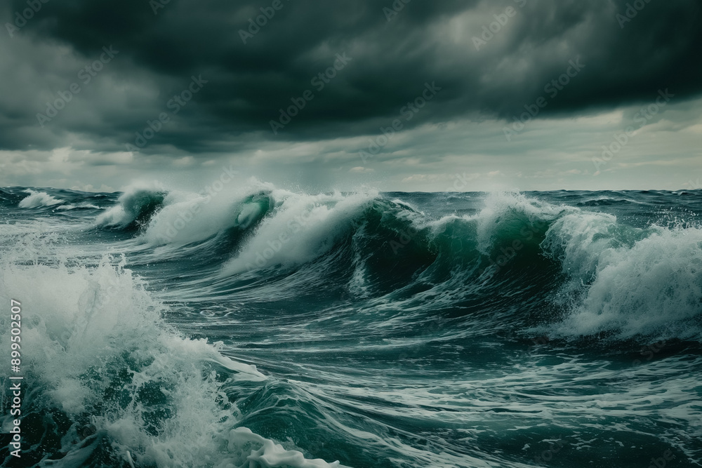 Towering, violent waves crashing against each other under a dark and ...