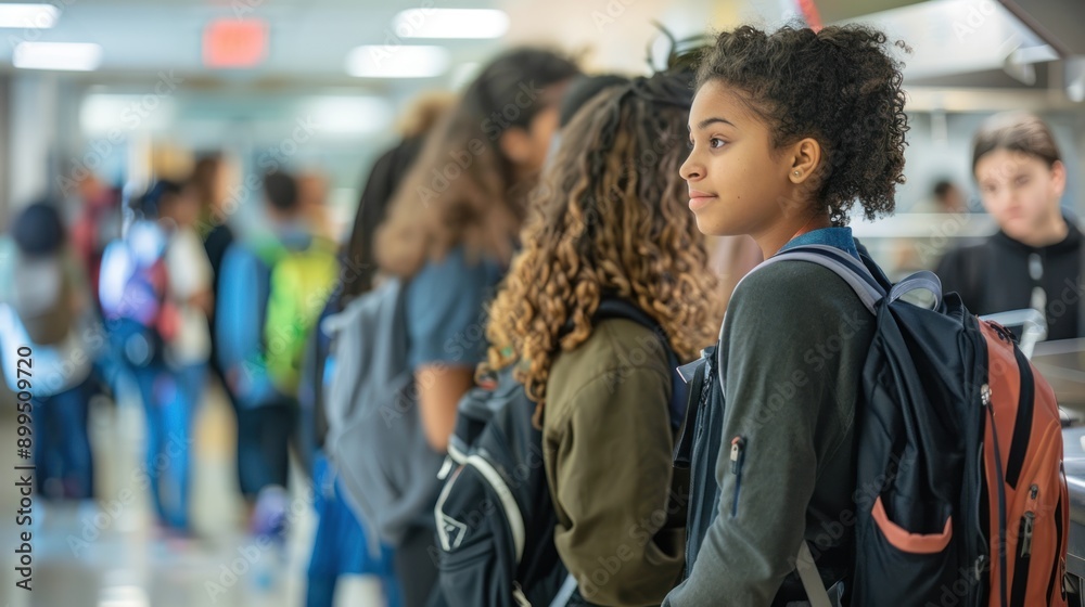 Groups of male and female high school students line up in an orderly ...