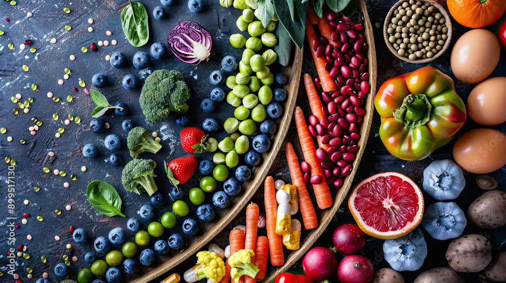 Rainbow of Nutrition: A vibrant and colorful array of fruits, vegetables, and legumes arranged ...