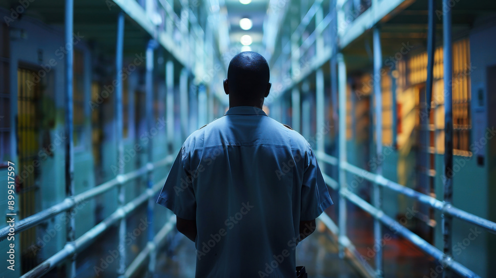 Prison guard walking down a cell block corridor, ensuring security and ...