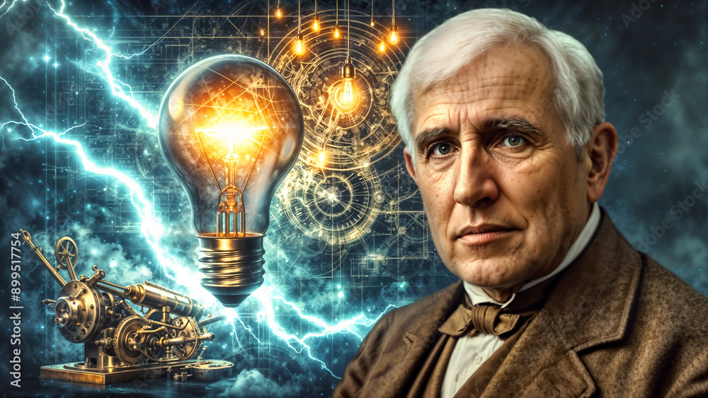Portrait of Thomas Alva Edison with lightning surrounds glowing bulb ...