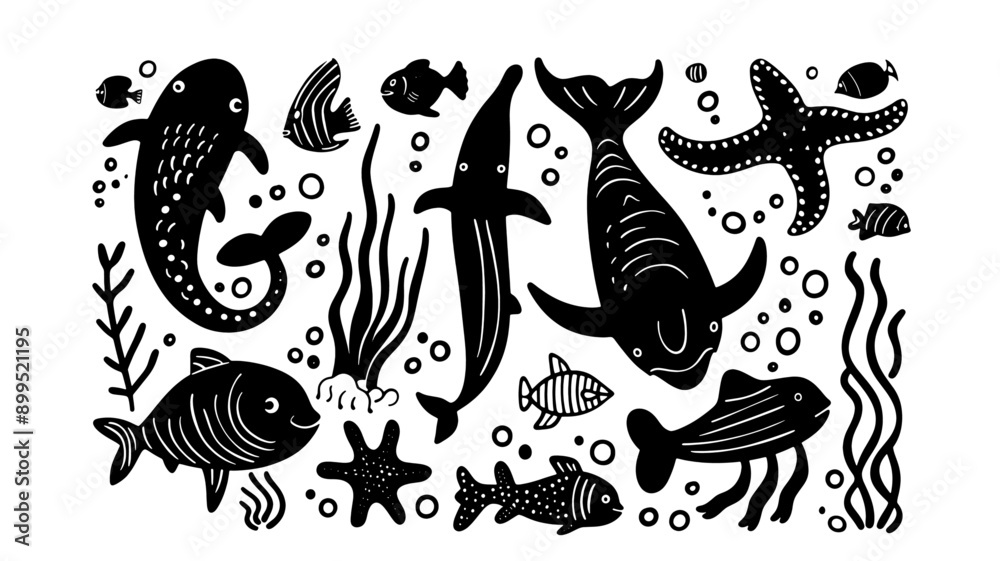 Underwater animals vintage linocut doodle icon set, black vector logo ...