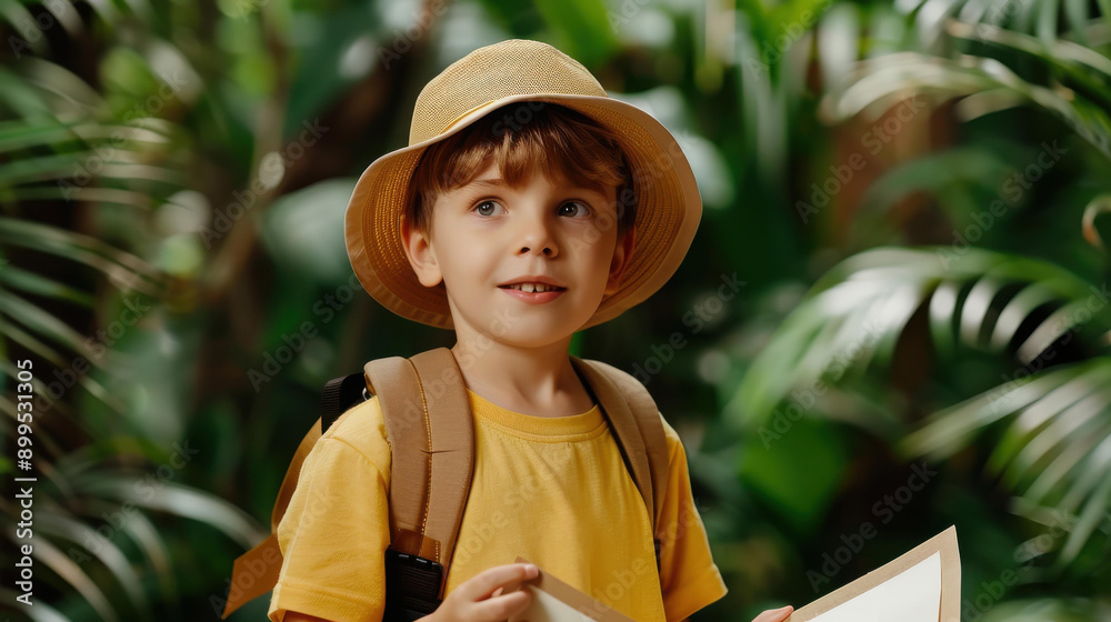 Exciting image of a young boy on a treasure hunt, clutching a map and ...