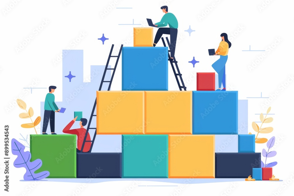 Vector art of people working together to build a tower of colorful ...