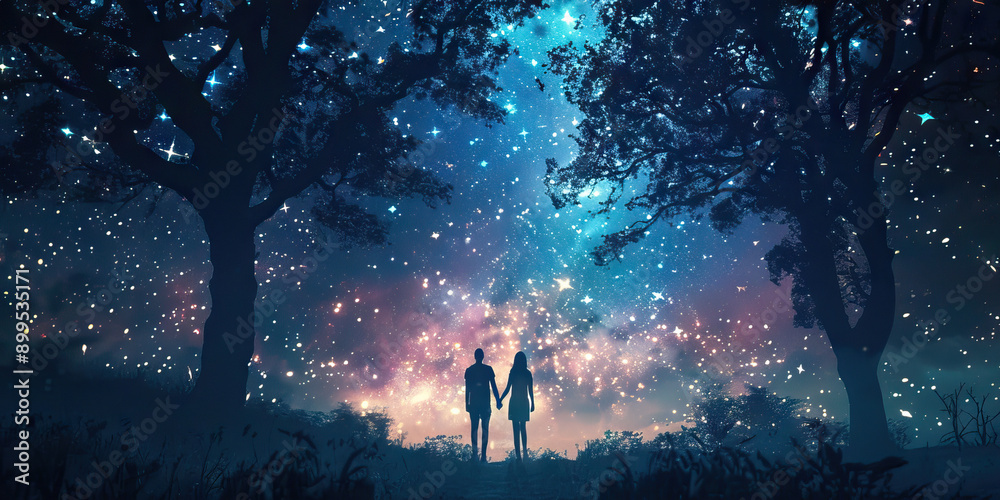 Ethereal Embrace Under the Stars: A couple standing beneath a canopy of ...