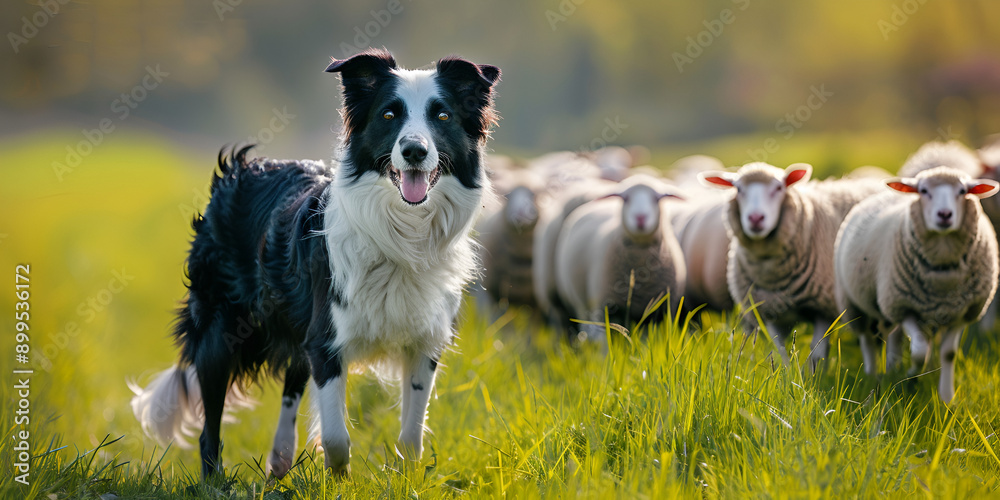 Border Collie sheep dog working a flock of sheep,Group of sheep being ...
