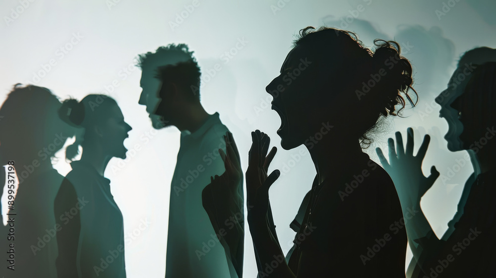 Silhouettes of people in an intense conversation, shadows cast in ...