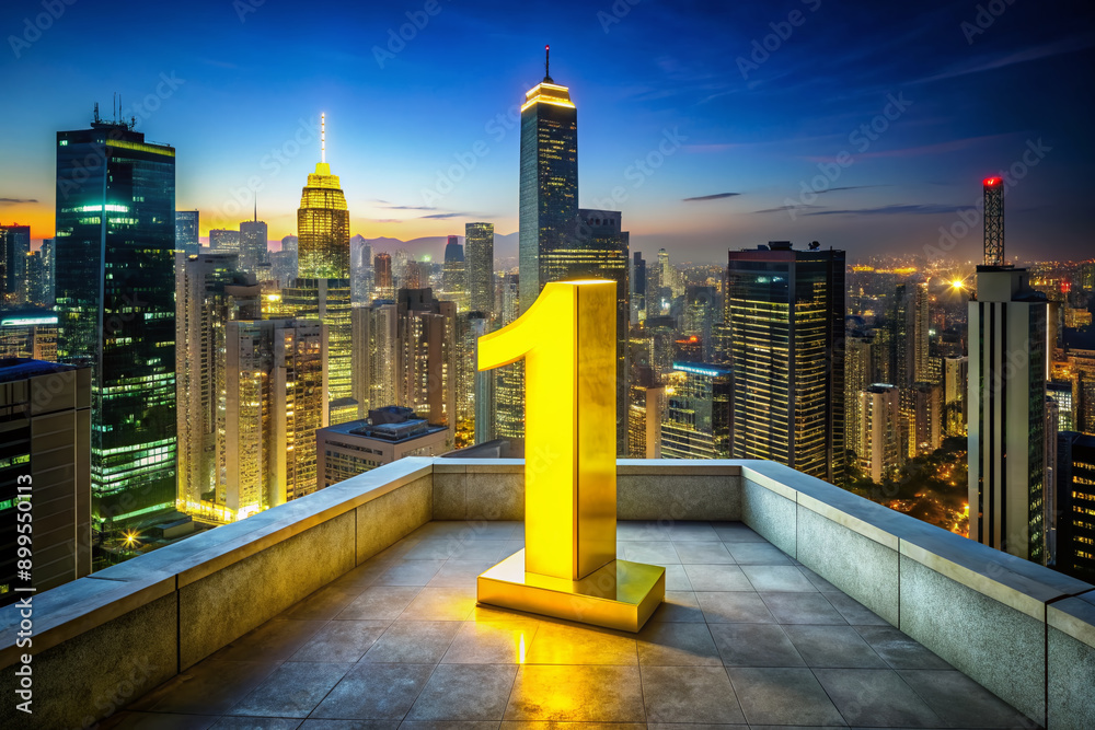 Vibrant yellow number one symbol stands tall on a skyscraper rooftop ...