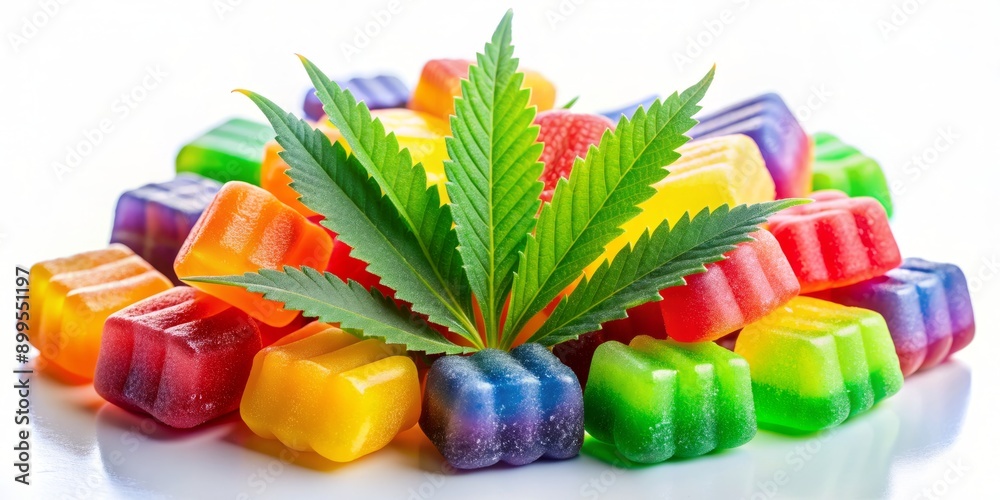 Colorful rainbow gummy candies infused with CBD oil sit on a ...