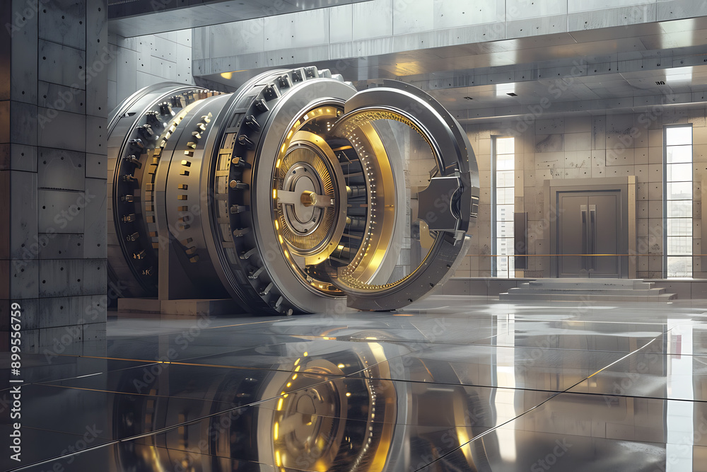 Massive bank vault doors wide open, symbolizing security, wealth, and ...