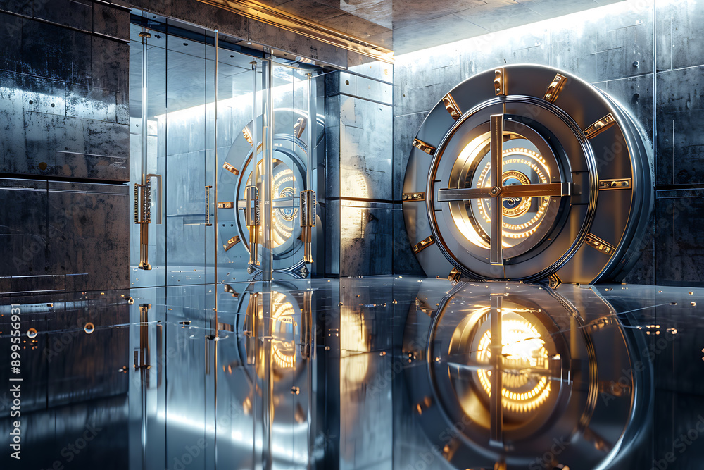 Massive bank vault doors wide open, symbolizing security, wealth, and ...