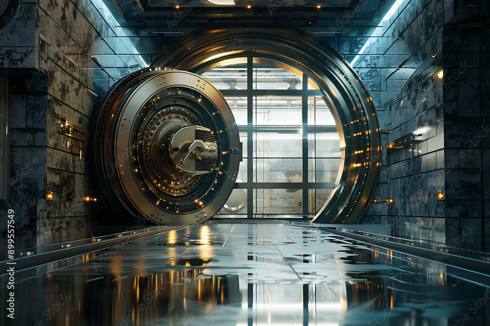 Massive bank vault doors wide open, symbolizing security, wealth, and ...