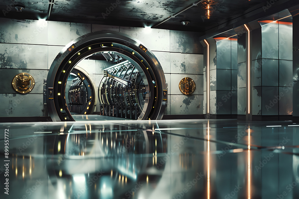 Massive bank vault doors wide open, symbolizing security, wealth, and ...