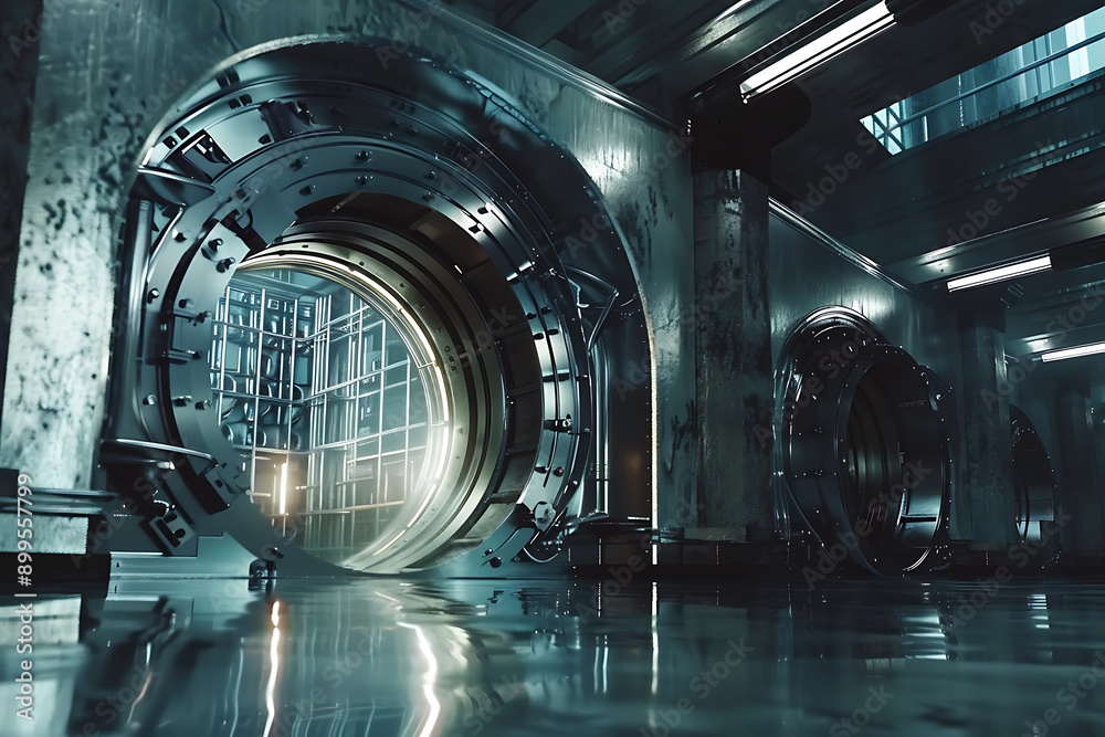 Massive bank vault doors wide open, symbolizing security, wealth, and ...