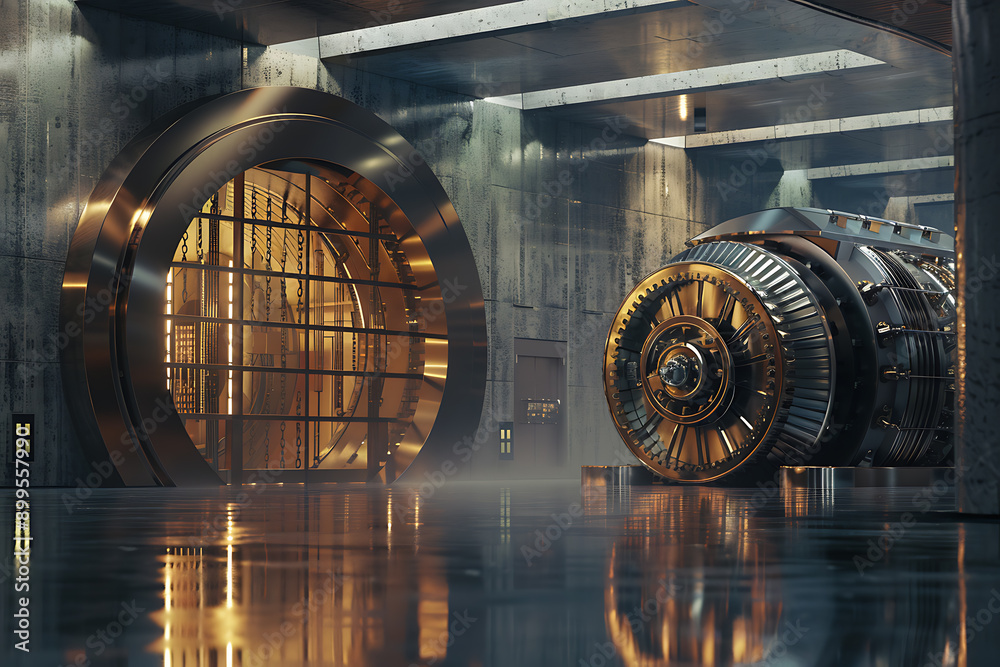 Massive bank vault doors wide open, symbolizing security, wealth, and ...