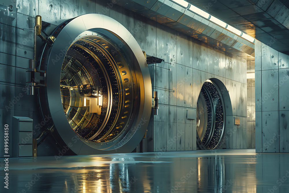 Massive bank vault doors wide open, symbolizing security, wealth, and ...