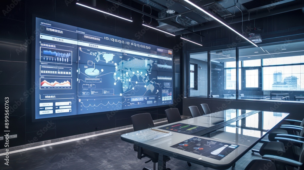 strategic planning room with a large digital touch screen displaying ...