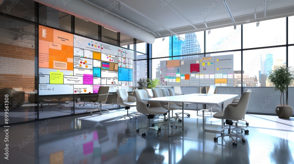 tech firm's brainstorming room with digital idea boards that allow for ...