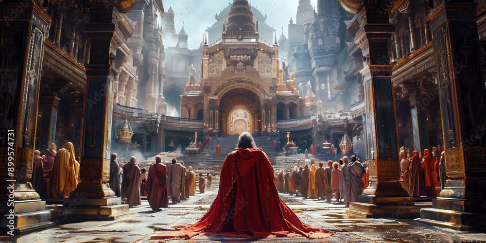An alien monarch presiding over a grand ceremony, with ornate robes and ...