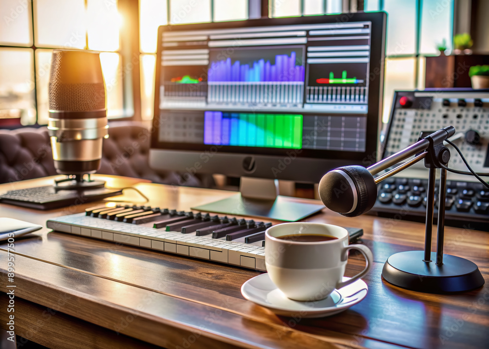 Modern studio setup with professional audio equipment, microphone, and ...