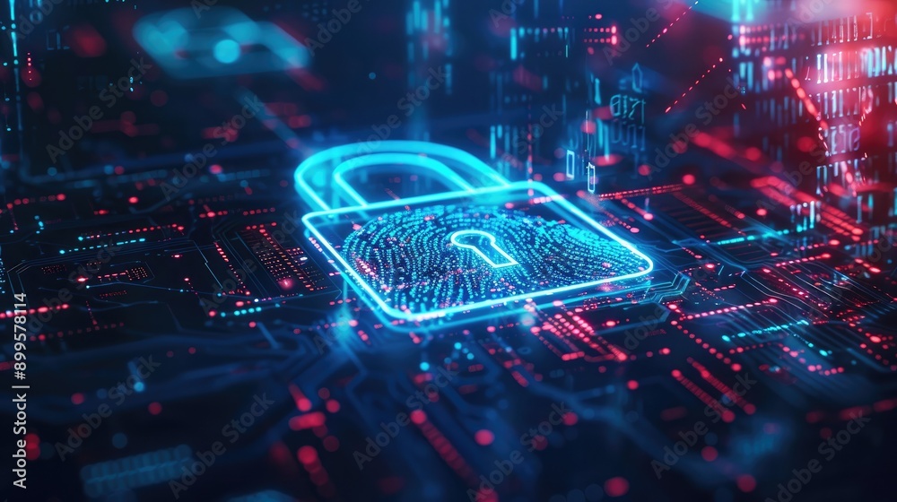 Digital padlock icon on a touchscreen with a fingerprint overlay Stock ...