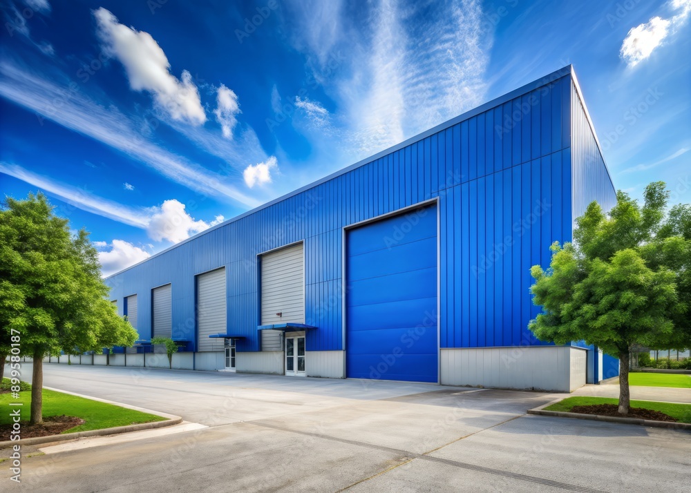 Massive industrial building with bright blue exterior walls and large ...