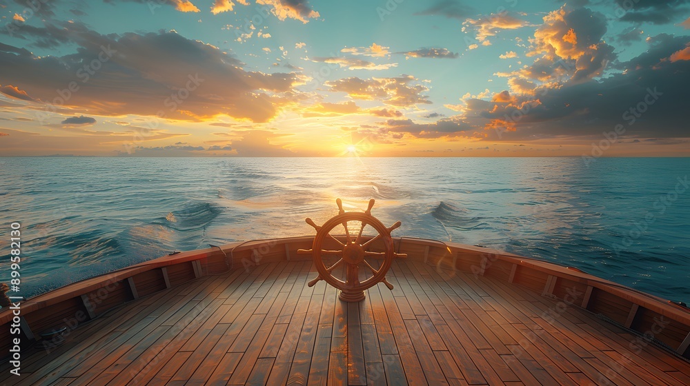 Ship's wheel on boat deck, intense sunlight, golden hour, lens flare ...