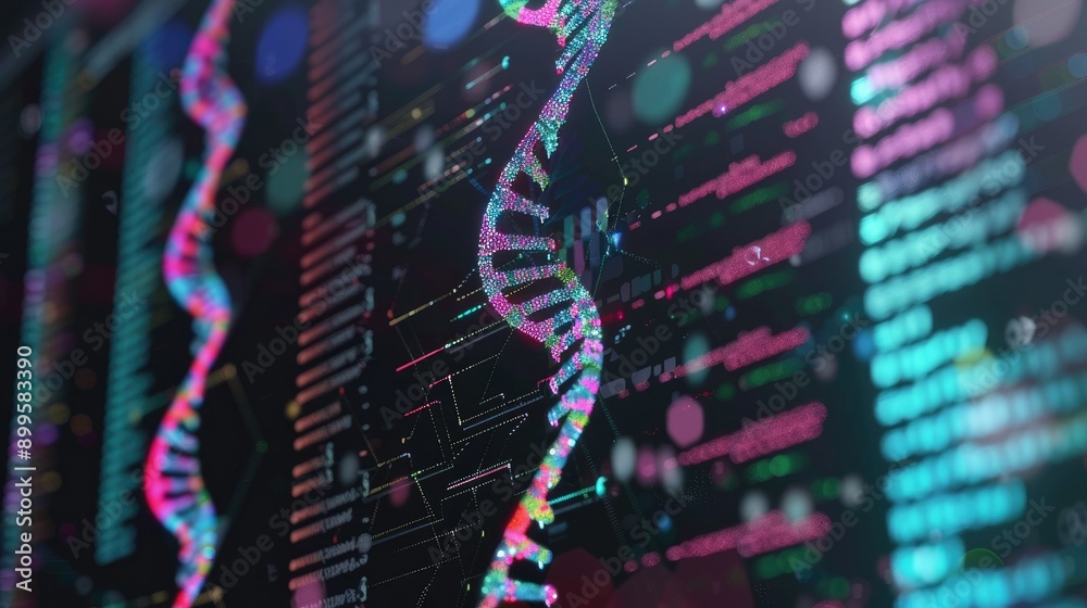 DNA sequencing chart with colorful helix representation on a computer ...