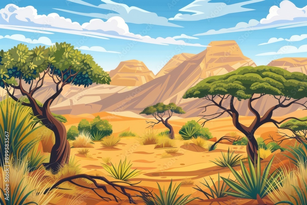 Desert scene in africa featuring sand dunes and rocky peaks, trees, and ...