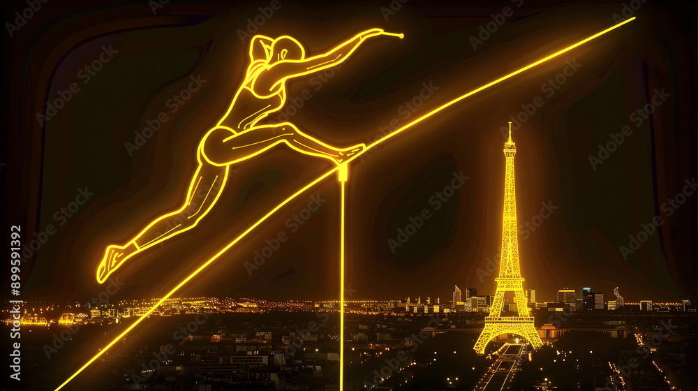 Neon Pole Vaulter: Neon outline of a pole vaulter clearing the bar with ...