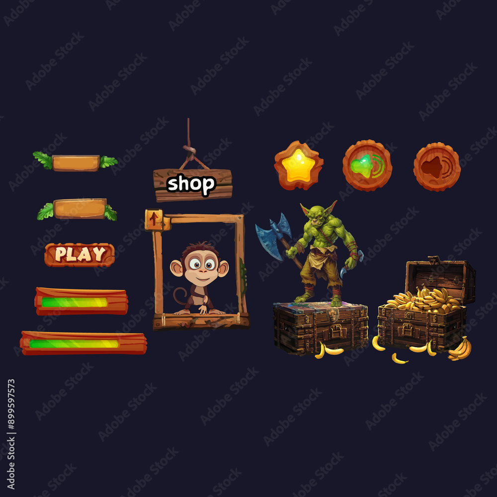 "2D game assets set including buttons, shop sign, monkey character ...