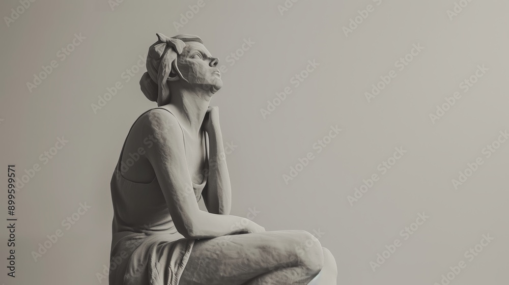 A classical marble statue of a woman, seated and looking upwards. The ...