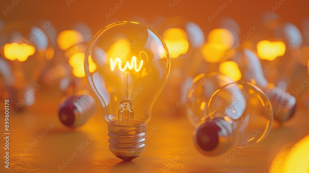 A single lit light bulb stands out from a group of unlit bulbs ...