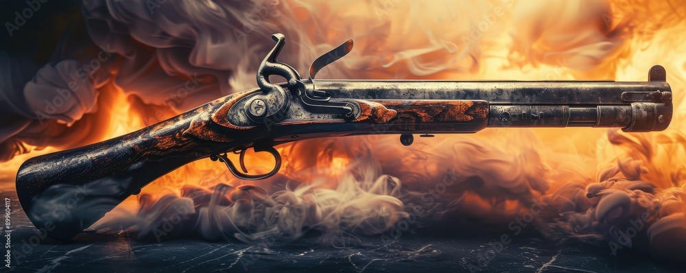 Vintage flintlock pistol with intricate design, set against a dramatic ...