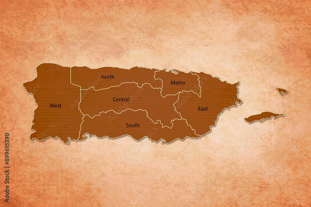 Puerto Rico Map. Puerto Rico Map with federal states in A vintage Color ...