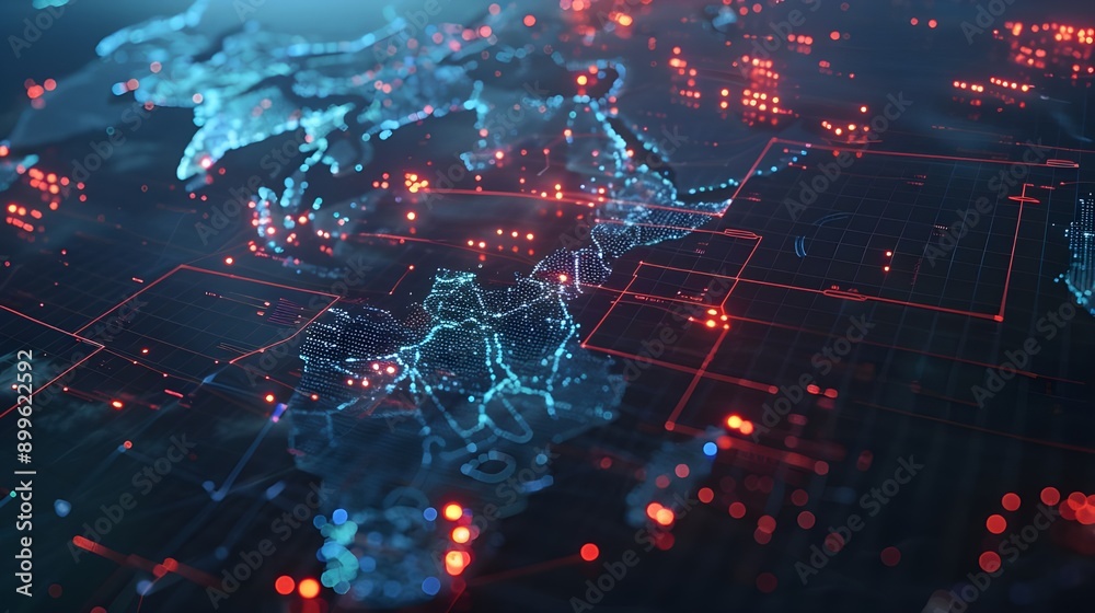 Digital art of a complex, interconnected network overlaid on a global ...