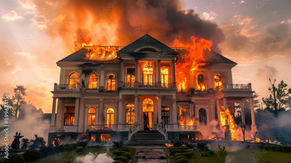 An elegant white mansion is on fire in the morning, flames consume the ...